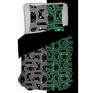 Jay Franco Trend Collector Game On Glow in The Dark Twin Comforter & Sham Set - Super Soft Kids Bedding Features Video Game Contollers - Fade Resistant Microfiber