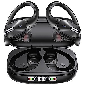 Bluetooth Headphones Wireless Earbuds Bass Stereo Sound with Wireless Charging Case 48H Playback Earphones LED Display With Built in Mic and Over Earhooks Waterproof Headset for Running Workout Sports