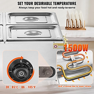 VEVOR 110V 4-Pan Commercial Food Warmer, 1200W Electric Steam Table 15cm/6inch Deep, Professional Stainless Steel Buffet Bain Marie 48 Quart for Catering and Restaurants