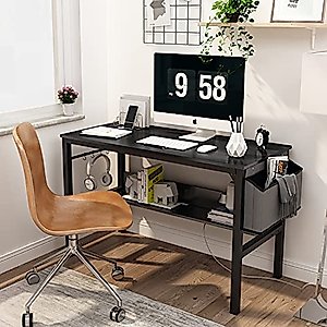 AWQM Modern Home Office Desk, Computer Desk with Side Bag, Storage Shelves and Iron Hook, Work Table, Study Writing Table, Gaming Desk, Workstation for Small Spaces, Black