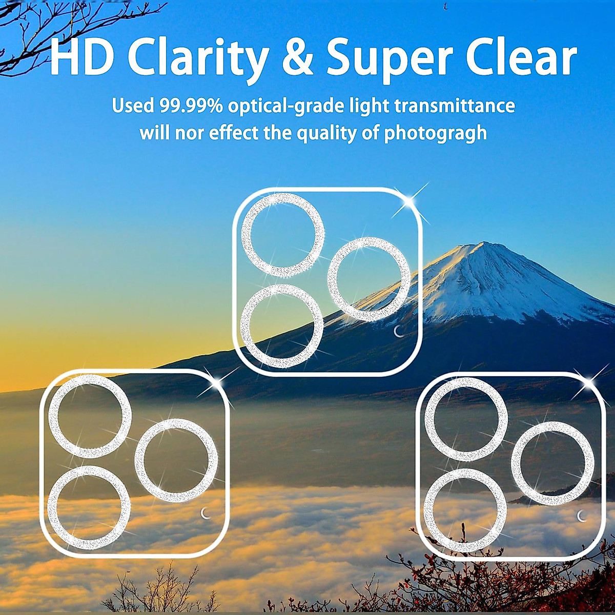 Dengduoduo 【3 Pack】 Tempered Glass Camera Lens Protector for iPhone 14 Pro 6.1" & iPhone 14 Pro Max 6.7", Glitter Bling Diamond, Ultra HD, 9H Hardness, Anti-Scratch, Case Friendly, Easy to Install