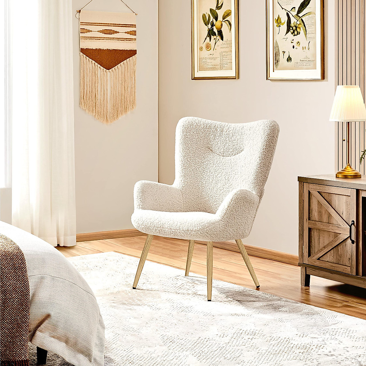 Topeakmart Accent Chair, Mid-Century Modern Boucle Upholstery Chair with Wood-Tone Metal Legs and Folding Backrest for Living Room Bedroom Waiting Room, Ivory