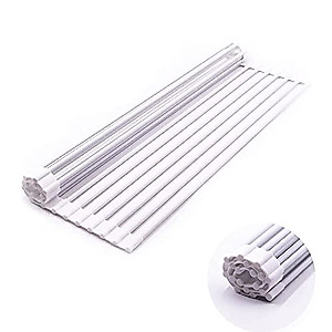 ZOIMINU Dish Drainer, White Roll Up Dish Drying Rack, Over Sink Drying Rack with Silicone-Coated, Heat-Resistant Anti-Slip Dry Rack for Dishes Cups Fruits Vegetables - 17" x 13.1"