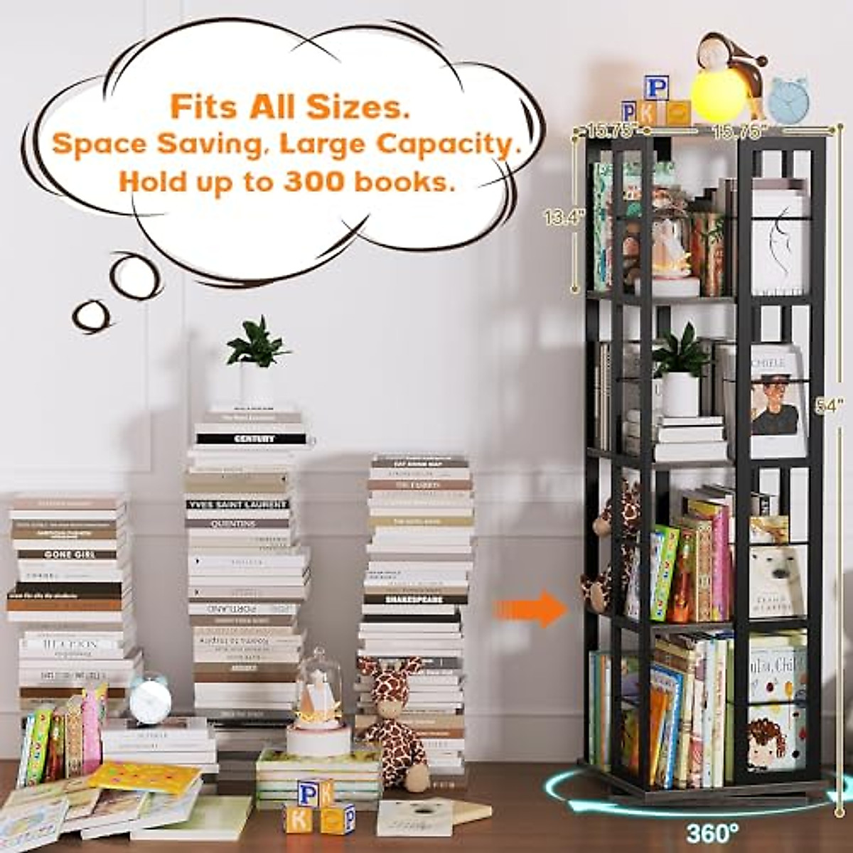 Aheaplus Rotating Bookshelf, Corner Bookshelf, 360 Display Wood Spinning Bookshelf, Floor Standing Bookcase Narrow Shelf Revolving Organizer Storage Rack for Small Space, Bedroom, Study Room, Grey Oak