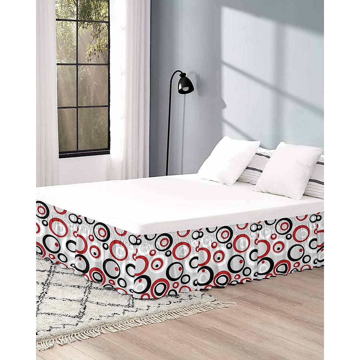 Red Black Bed Skirt Queen Size 16 Inch Drop, Adjustable & Elastic Wrap Around Bed Skirts Pleated Luxury Dust Ruffles for Twin Full Queen Cal King Base Bed, Modern Geometric Boho Polka Dot Grey