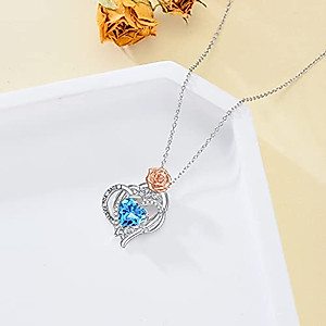 TOUPOP Christmas Gifts for Women Heart Necklaces for Women Sterling Silver Rose Heart Pendant Necklace with March Birthstone Aquamarine Birthday Christmas Jewelry Gifts for Women Girls Mom Friends