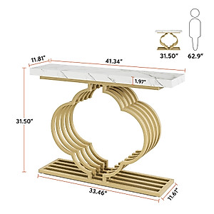LITTLE TREE Console 41 inches Faux Marble Entryway Mordern Sofa Table with Flower Shaped Pedestal for Living Room, White & Gold