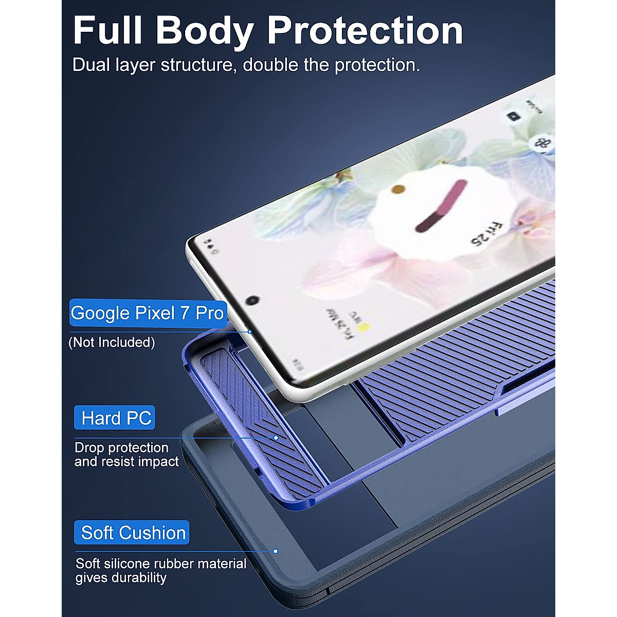 Dahkoiz for Google Pixel 7 Pro Case, with Dust-Proof Port Cover, Full Body Protection Rubber Protective Case for Google Pixel 7 Pro, Blue/Navy
