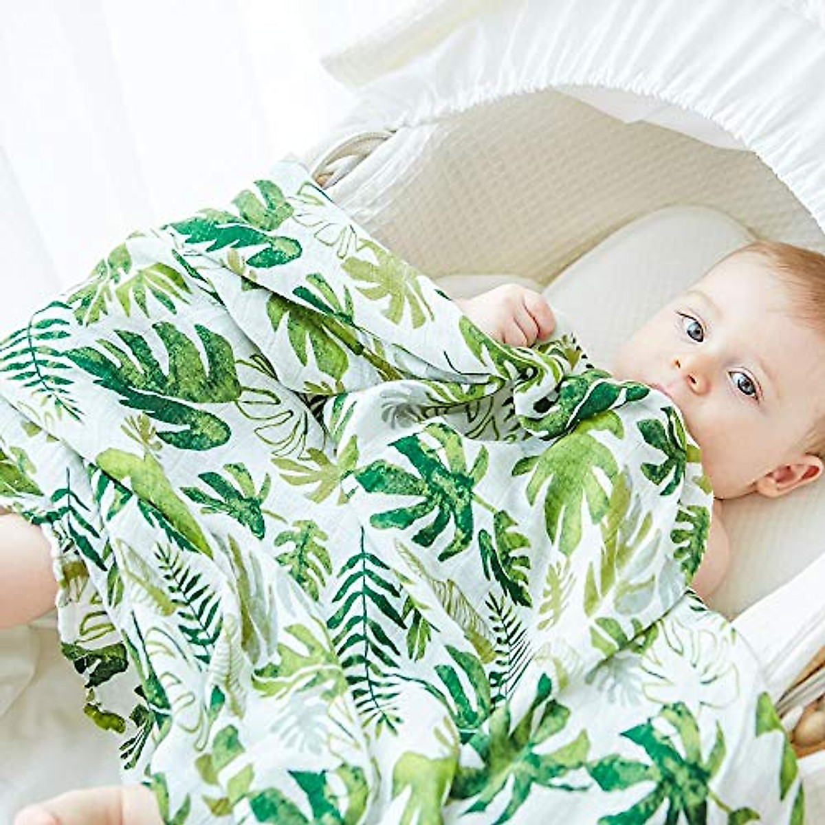 Anbenser Receiving Baby Blanket for Boy Girl 47" x 47" Breathable Bamboo Cotton Muslin Swaddle Blankets Green Leaf