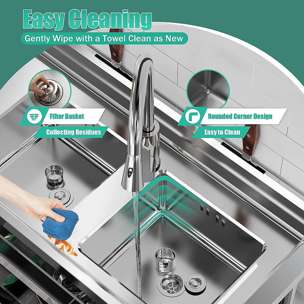 LIYUANJUN 3 Tier Commercial Sink, 201 Stainless Steel Sink With 2 Washing Hand Basins&Drain Pipe&Faucet Indoor Floor Standing Sink for Kitchen Hotel Restaurant Storage Shelves