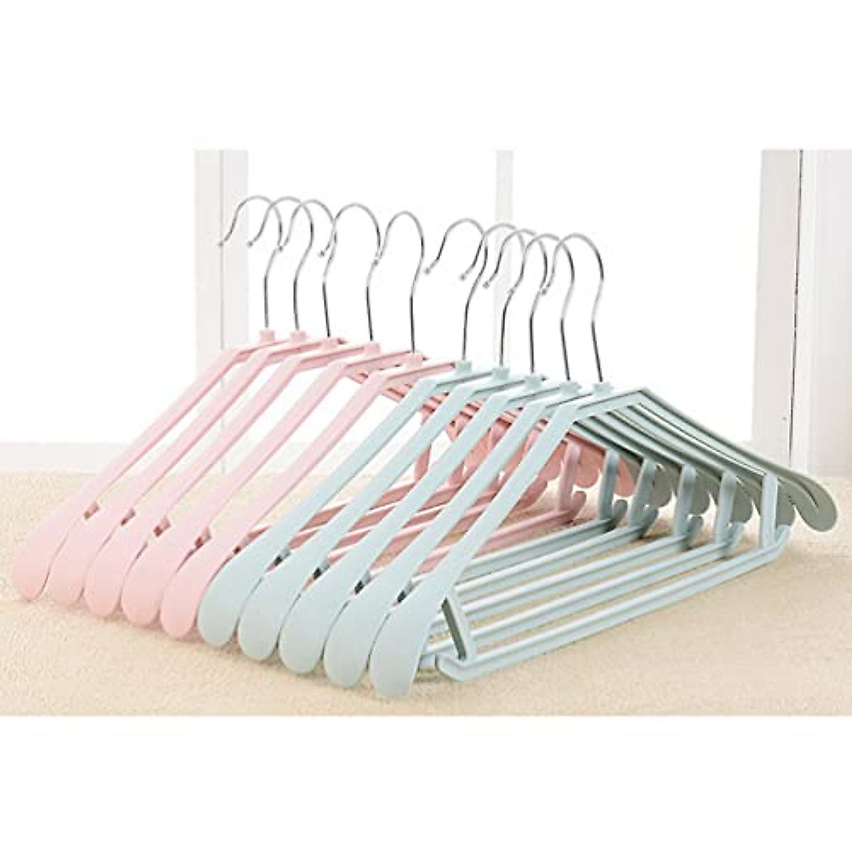 DOITOOL Plastic Hangers with Bar Hooks, 5Pcs Non- Slip Wide Shoulder Hangers, Slim& Space Saving Clothes Hanger for Jackets, Suits, Coats, Pants, Dress, 360- Rotating Swivel Hook (Blue)