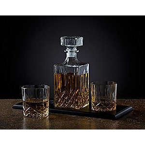Whiskey Decanter and Glasses Barware Set, for Liquor Scotch Bourbon Wine or Vodka - Includes 2 Whisky Glasses on Wooden Display Tray Clear