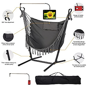Hammock with Stand Phone Holder Included Double Hanging Chair Macrame Boho Handmade Adjustable Swing Indoor Outdoor Patio Yard Garden Porch 400lbs Capacity (2022 Grey)