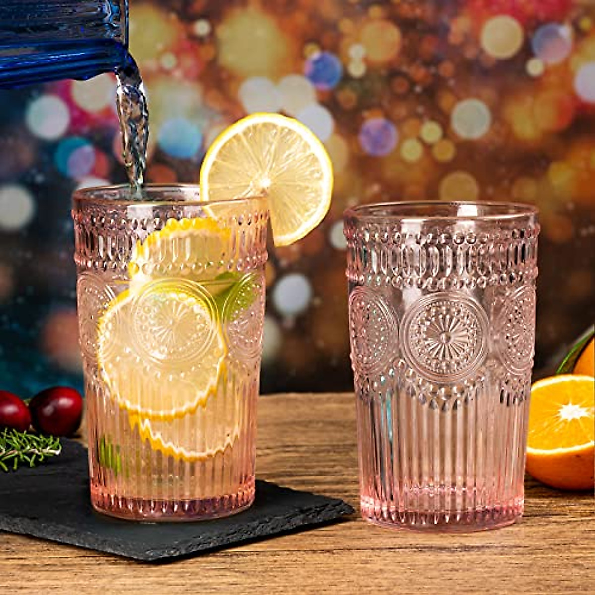 Vintage Glassware Romantic Drinking Glasses - 12 OZ Pink Glassware Embossed Glasses Drinking Set of 6 - Perfect Glass cups for Coffee, Cocktails, and Beverages, Dishwasher Safe, Ideal for Gifting