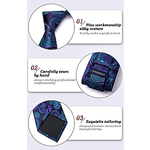 HISDERN Ties for Men Purple Paisley Mens Tie and Pocket Square Blue Woven Classic Business Mens Necktie Handkerchief for Wedding Party