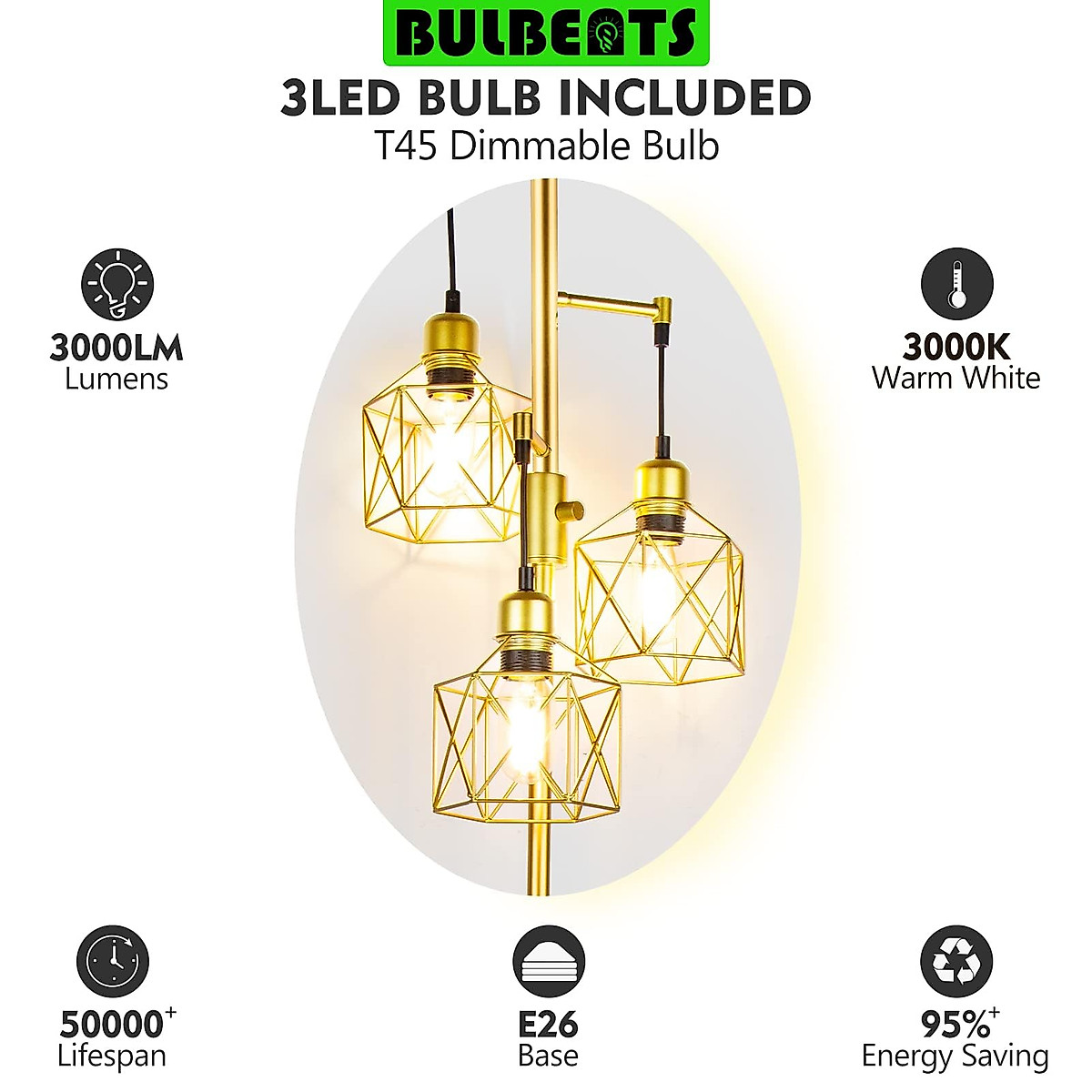 Decorative Gold Floor Lamp,3-Light Farmhouse Floor Lamps for Living Room with Smooth Dimmable ( Adjust Brightness Nightlight ), Modern Style Standing Tall Lamp of Diamond Cage - Bulb Included