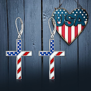 Patriotic 4th of July Earrings for Women Cross Fourth of July American Flag Earrings Dangle Sterling Silver Red White and Blue Veterans USA Independence Day Gifts