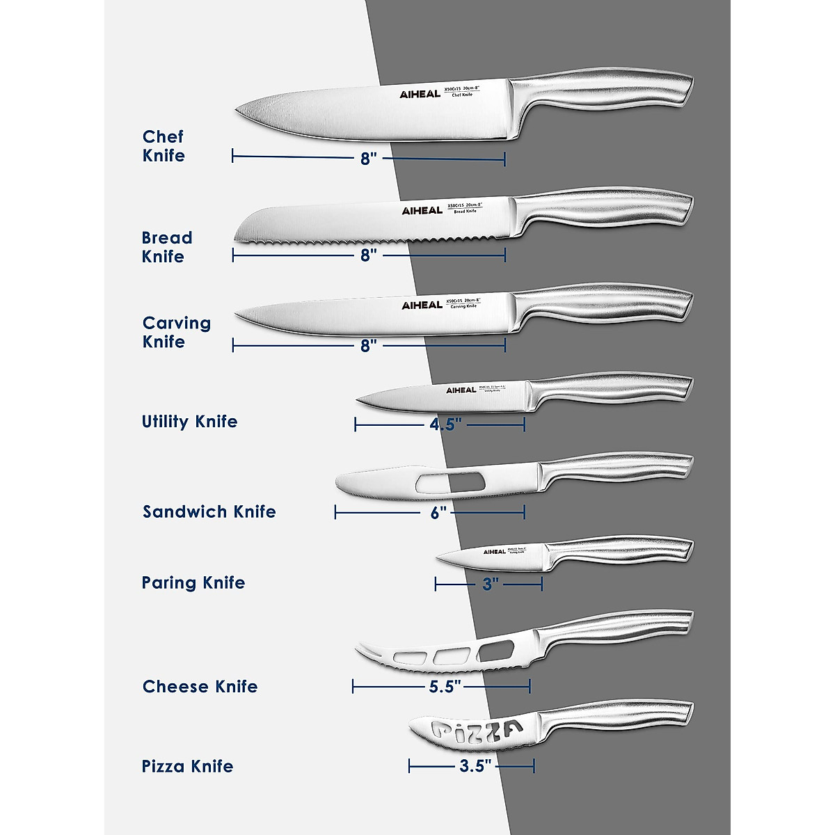 Aiheal 17PCS Stainless Steel Knife Set with Clear Knife Block, No Rust and Super Sharp Kitchen Knife Set in One Piece Design with Knife Sharpener for Kitchen, Steak Knives Set
