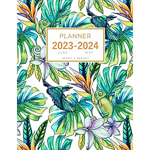 Planner 2023-2024: 8.5 x 11 Weekly and Monthly Organizer from June 2023 to May 2024 | Tropical Plant Lizard Bird Design White