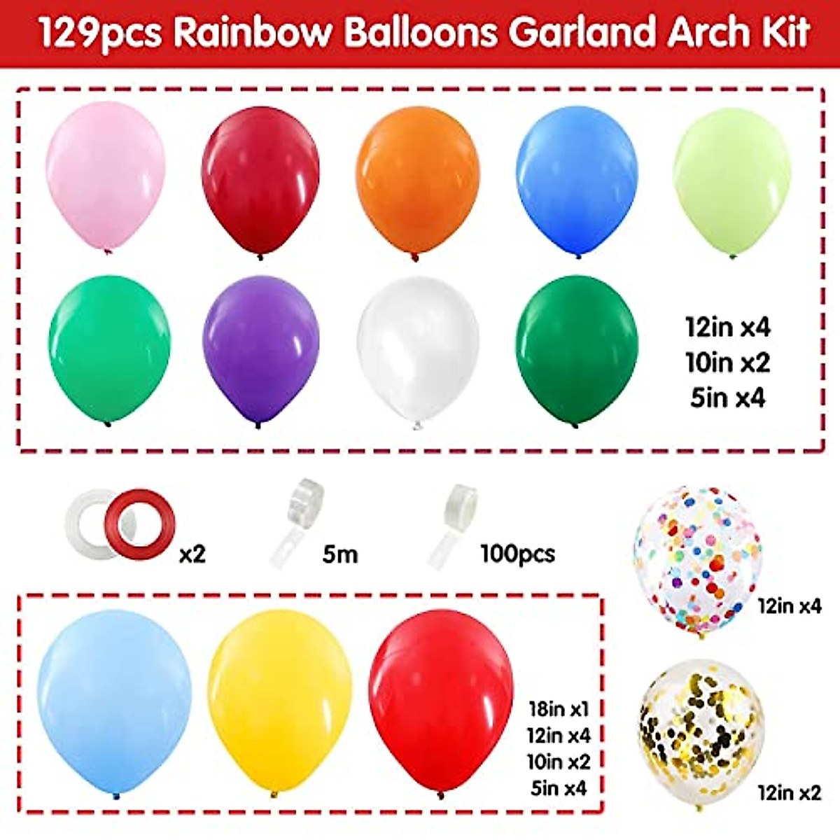 RUBFAC Rainbow Balloons Garland Arch Kit, 129pcs 12 Assorted Color Balloons Colorful Party Balloons for Birthday Party Baby Shower Decoration