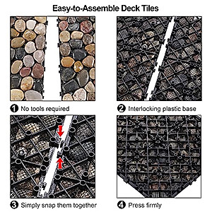 PURE ERA Natural Real Stone Interlocking Floor Deck Tiles Polish Pebble Tile Indoor Outdoor Use 12"x12" (4Pcs, 4 sq. Ft, Polished Mixed Color)- Great Upgrade to Patio Backyard Pathway