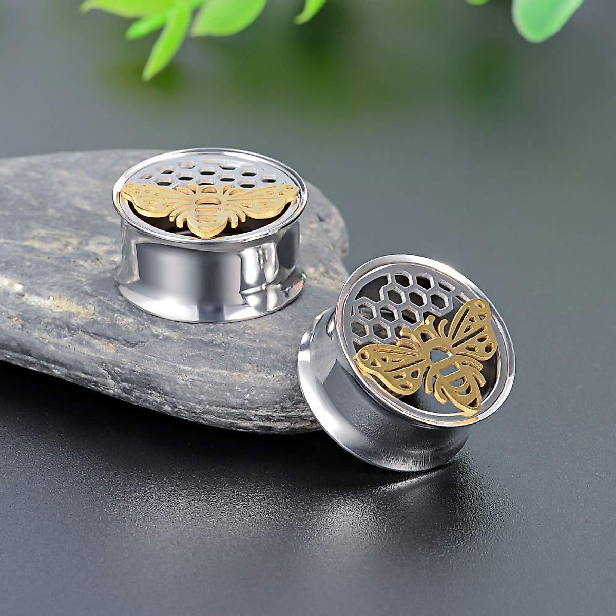 COOEAR Stainless Steel Honeybee Ear Gauges Double Flared Tunnels for Ears Piercing Unscrew Ear Stretchers.