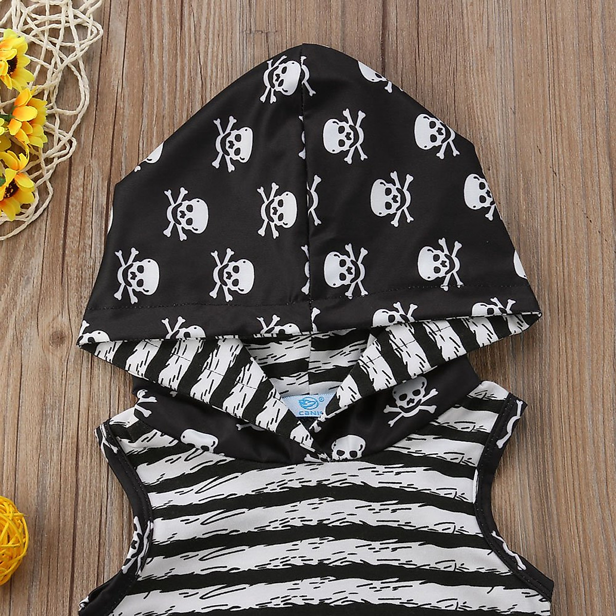 Xiaodriceee Newborn Baby Hooded Romper Boy Girl Sleeveless Striped Skull Jumpsuit Outfit Clothes 0-6 Months