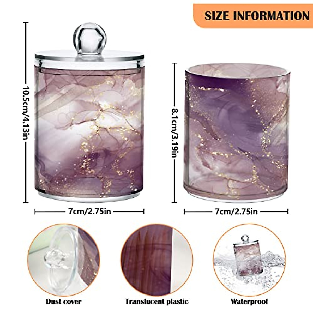 2 Pack Qtip Holder Organizer Dispenser Bright Purple Marble Grunge Bathroom Storage Canister Cotton Ball Holder Bathroom Containers for Cotton Swabs/Pads/Floss