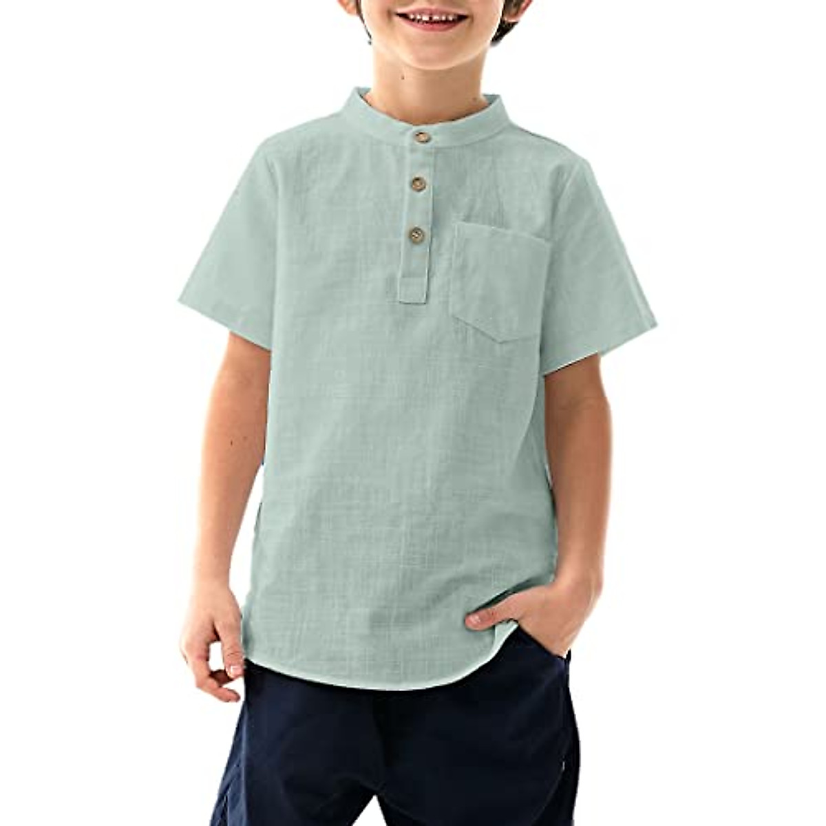 Arshiner Boys Cotton Linen Henley Button Down Shirt Short Sleeve Casual Dress Beach T Shirts with Pocket Light Green