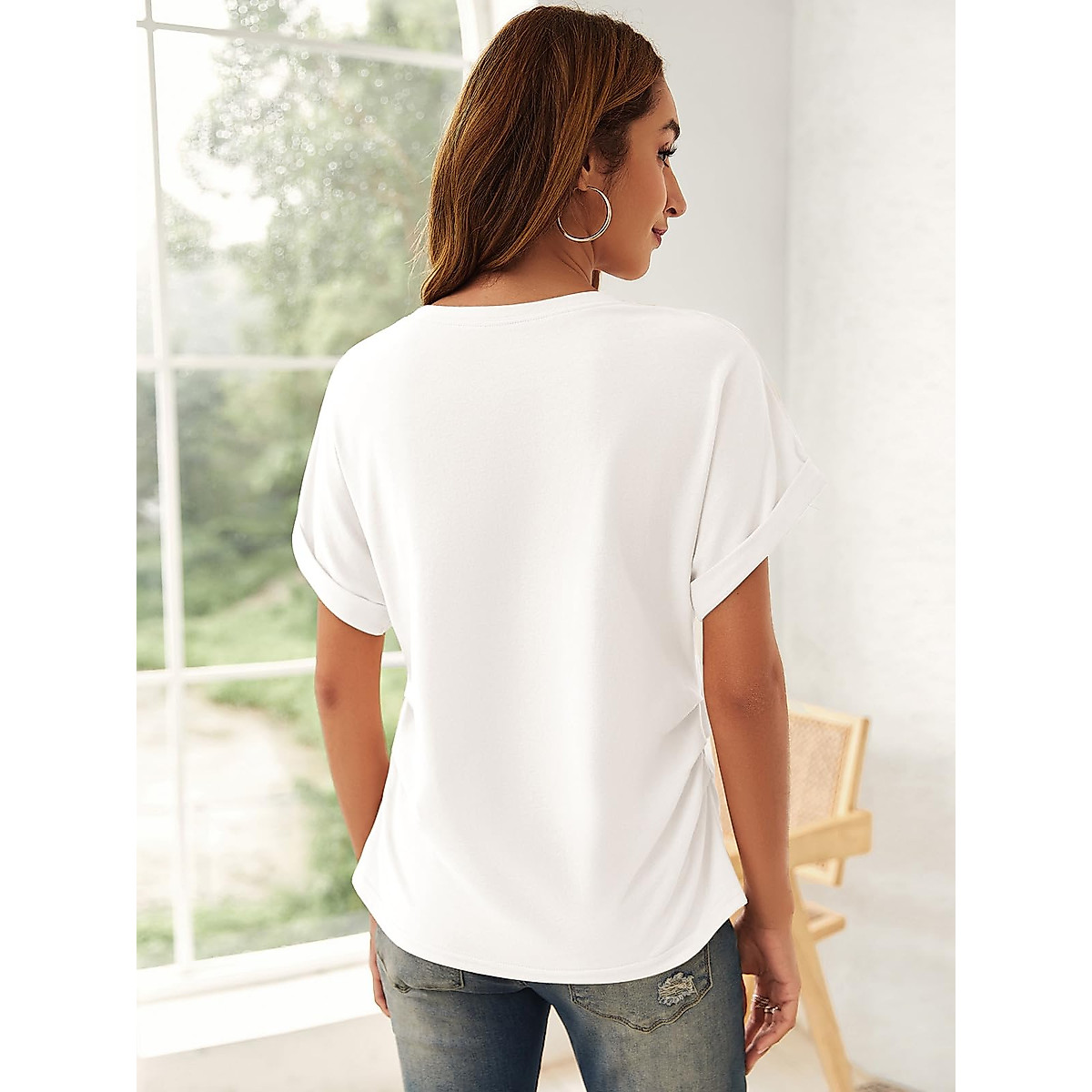 GeGekoko Women Short Sleeve Tshirts Crew Neck Basic Cotton Draped Tee Summer Ruched Side Top S-1L White