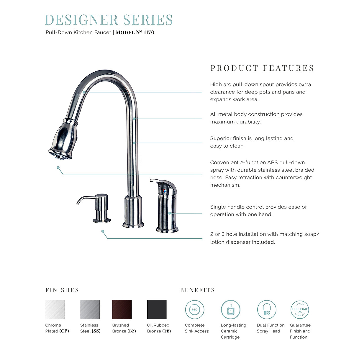 Laguna Brass 1170TB Designer Single Handle Pull-Down Kitchen Faucet with Soap/Lotion Dispenser, 16", Oil Rubbed Bronze Finish