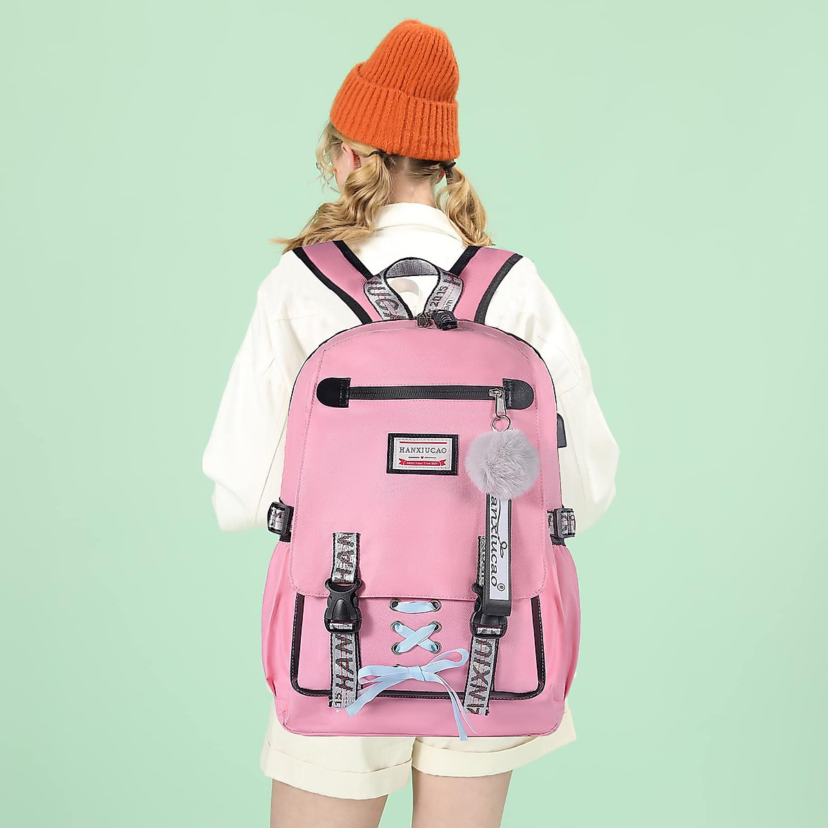 HANXIUCAO Girls Backpack Teen Rucksack Large Capacity Female College Student Locked Schoolbag Anti-Theft Backpack with USB Charging Port (black)