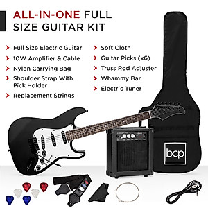 Best Choice Products 39in Full Size Beginner Electric Guitar Starter Kit w/Case, Strap, 10W Amp, Strings, Pick, Tremolo Bar - Jet Black