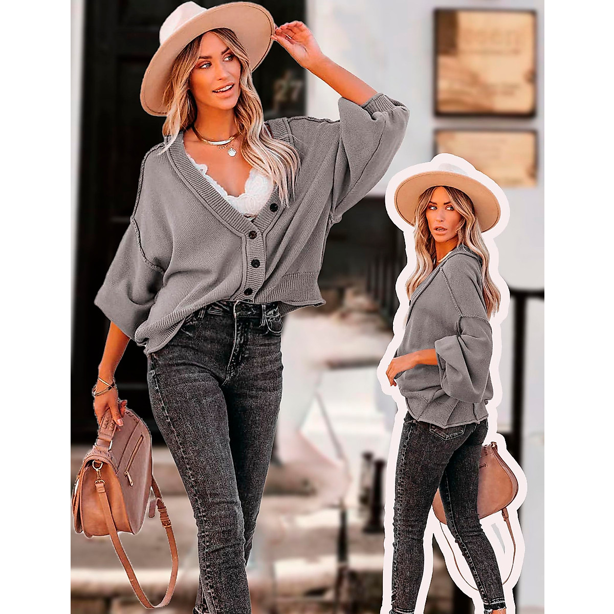 GAMISS Lantern Sleeve Cardigan Sweater for Women Oversized Cardigan Tops Button Down Trendy Tops Grey, XL