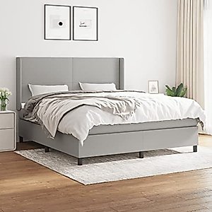 GOLINPEILO Queen Fabric Box Spring Bed with Mattress Set,Included 1 x Bed Frame/1 x Headboard with Ears-A/1 x Mattress/1 x Mattress Topper, Light Gray with Black Legs(Style A)