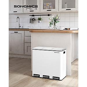 SONGMICS Trash Can, 3 x 4.8 Gallon Garbage Can, 14.4 Gallon Recycle Bin with Soft-Close Lids, Pedals, and Inner Buckets for Kitchen, Stainless Steel, White ULTB154W01