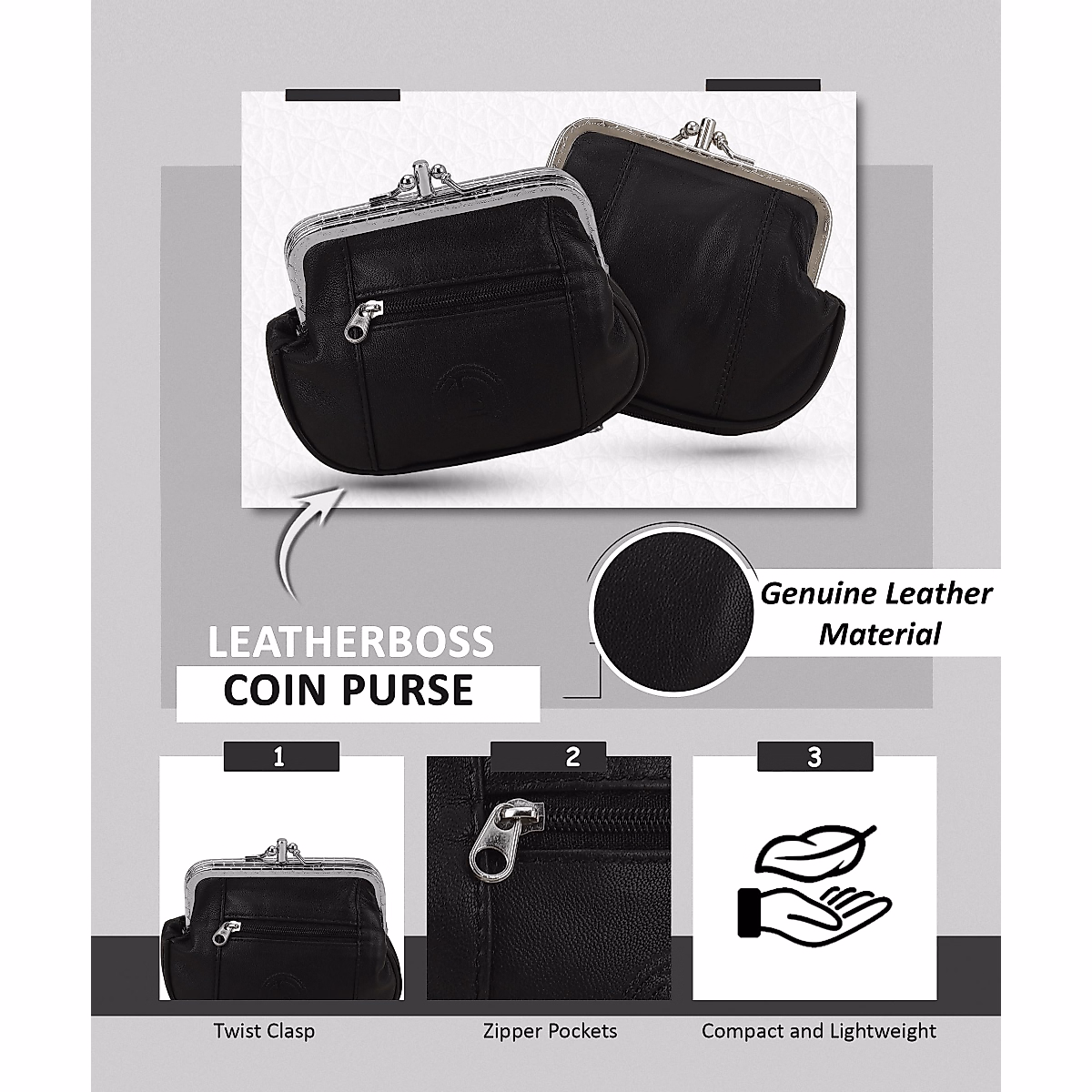 Women's Leather Metal Frame Double Clasp Zipper Coin Purse 5 1/4" x 3 1/4" (Black)