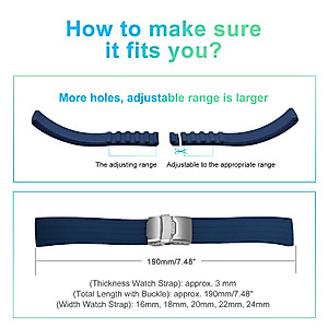 ULLCHRO Silicone Watch Strap Replacement Rubber Watch Band Waterproof Stripe Pattern - 16mm, 18mm, 20mm, 22mm, 24mm Watch Bracelet with Stainless Steel Deployment Buckle (16mm, Blue)