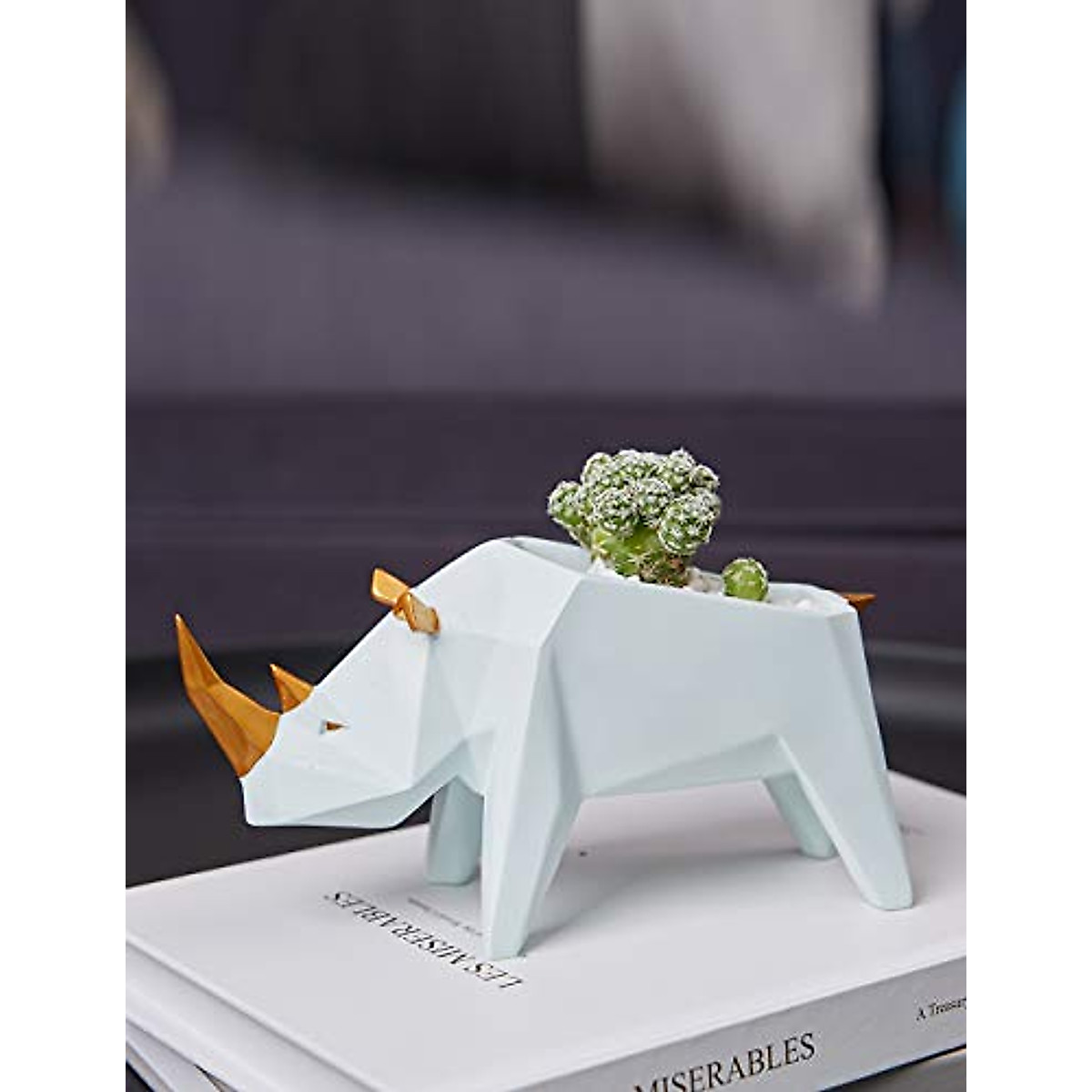 HAUCOZE Succulent Planter Rhino Statue Decor Animal Gifts Modern Sculpture Figurine Geometric Crafts Arts Polyresin Flower Pot 7.1inch