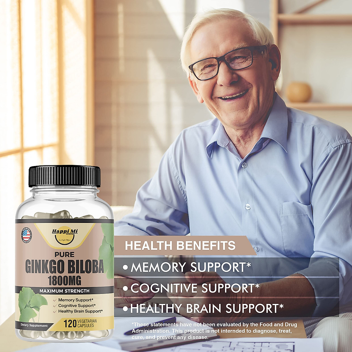 Happi Mi Nutrition Ginkgo Biloba 1800mg, Ginkgo Biloba Organic, Memory & Brain Function Support, Improves Concentration and Cognitive Support, Clarity, 120 Veggie Caps, Non GMO, 120Caps