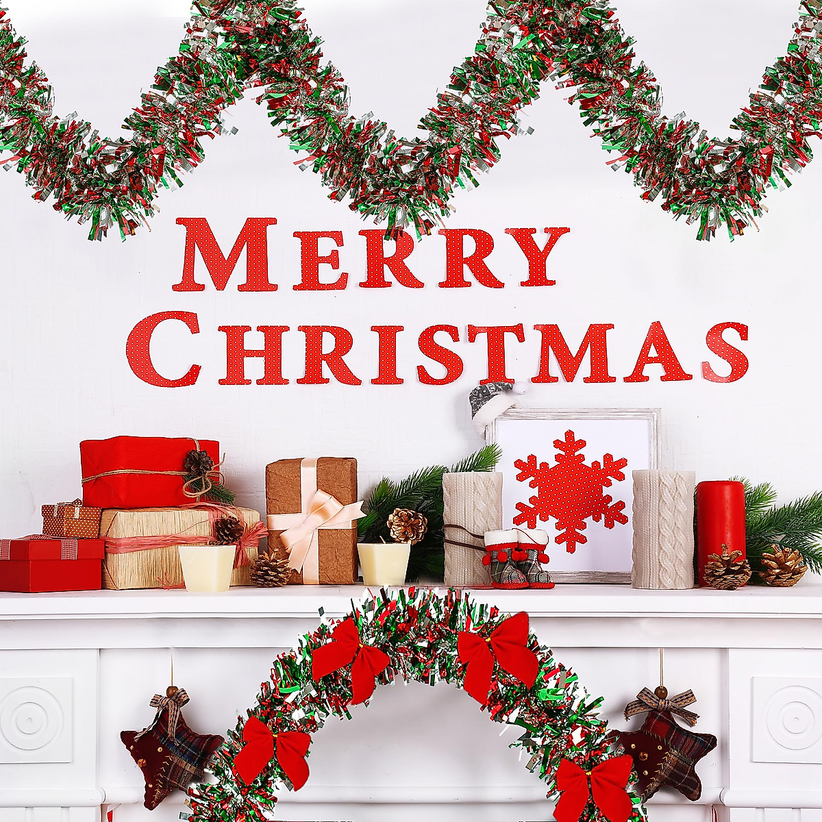 Sggvecsy 49.2Ft Christmas Green Red Silver Tinsel Garland Xmas Tree Decorations Christmas Metallic Twist Garland Ceiling Hanging Decorations for New Year Party Birthday Holiday Indoor Outdoor Supplies