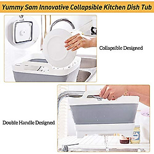 Yummy Sam Collapsible Dish Basin 9L(2.4Gallon) with Draining Plug Foldable Food Strainers Over The Sink Colander Fruits Drainer Basket Vegetable Space Saving Kitchen Storage Basket (Light Grey)