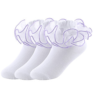 Yepami Big Girls Lace Socks Shimmering Cute Ruffle Comfortable Frilly Dress Ankle Socks 3 Pairs (Purple, Medium, 5_years)