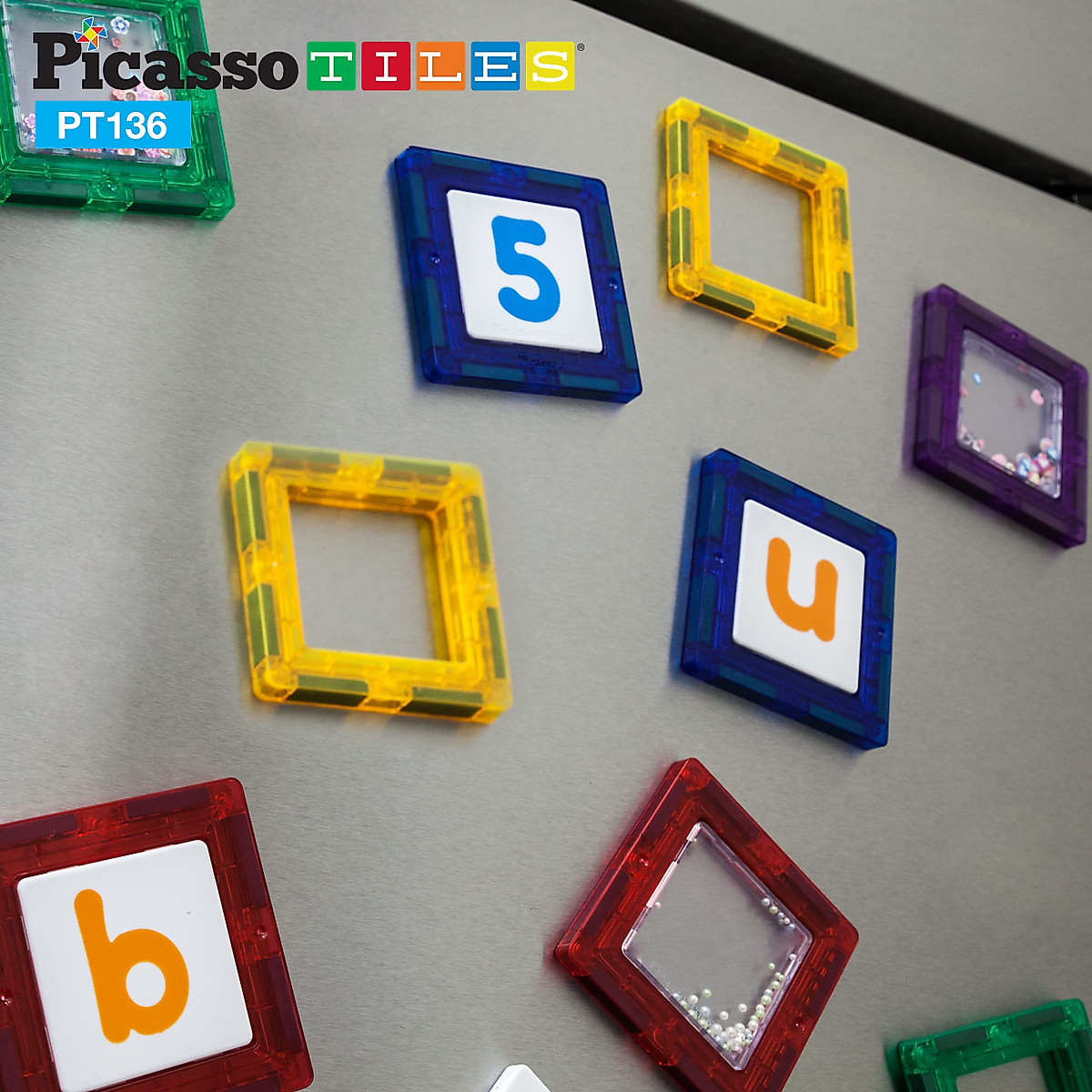 PicassoTiles 136 Piece S.T.E.A.M. Building Block Set with 66 Magnetized Clip-in Insert Cards Toy Construction Kit PT136 Magnet Building Tiles Clear Color Magnetic 3D Educational Blocks Click-in Card