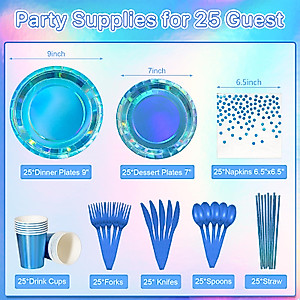 Iridescent Blue Party Supplies Decorations Serve 25, Holographic Blue Paper Plates and Napkins, Disposable Iridescent Party Plates Cups Napkins for Wedding Anniversary Birthday Bridal Shower Party