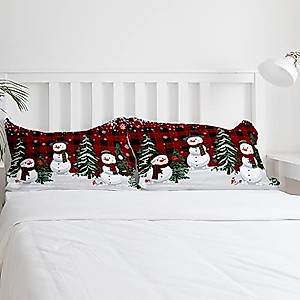 Full Comforter Cover Set - Soft and Breathable Bedding Sets, Red Buffalo Check Snowman and Christmas Pine Tree Winter Holiday 3 Pieces Light Weight Bed Sets with 1 Duvet Cover and 2 Pillowcases