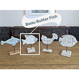 Wooden Fish Sculpture Home Decor | Handmade Beau Butter Fish Statue on Base Stand | Nautical Beach House Decor Rustic Centerpiece Table Decor for Office, Living Room (Beau Butter Fish)