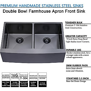 SHACO 33 Inch Black Double Farmhouse Sink, 33x21 Gunmetal Black Divided 50/50 Farmhouse Kitchen Sink, 304 Stainless Steel 9 Inch Deep Double Basin Apron Front Farm Sink for Kitchen
