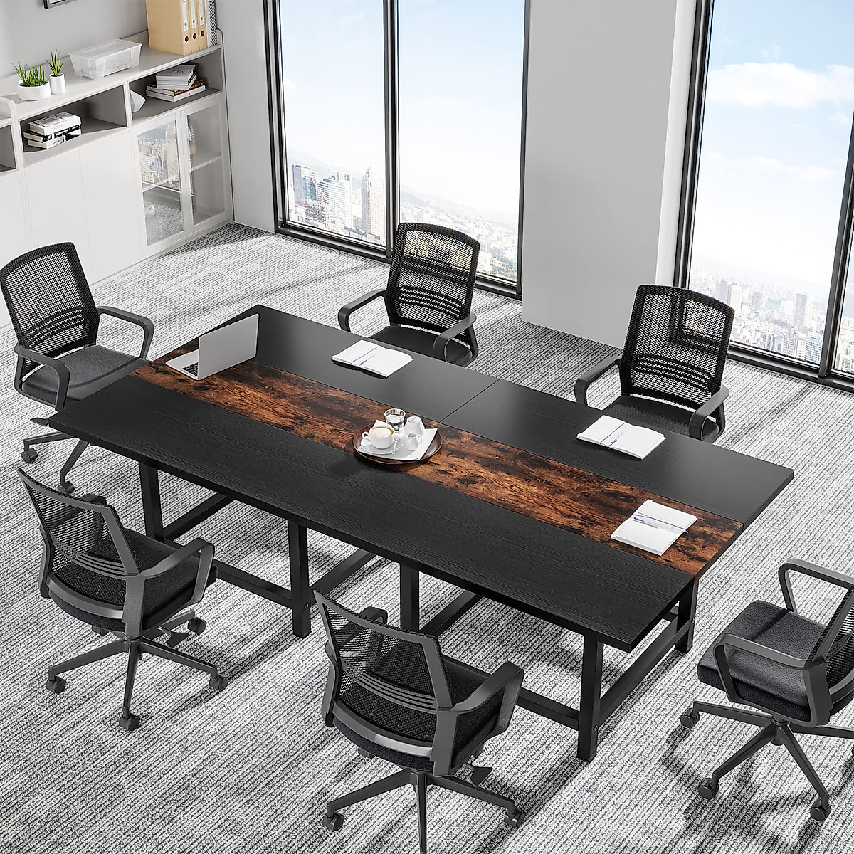 Tribesigns 6.5 Ft Conference Room Table, Rustic Rectangle 78.74L X 39.2W X 29.52H Inches Wood Seminar Table for Office, Conference Room,2 Tables (Chair not Included) (Rustic&black) (2, Dark Oak&White)