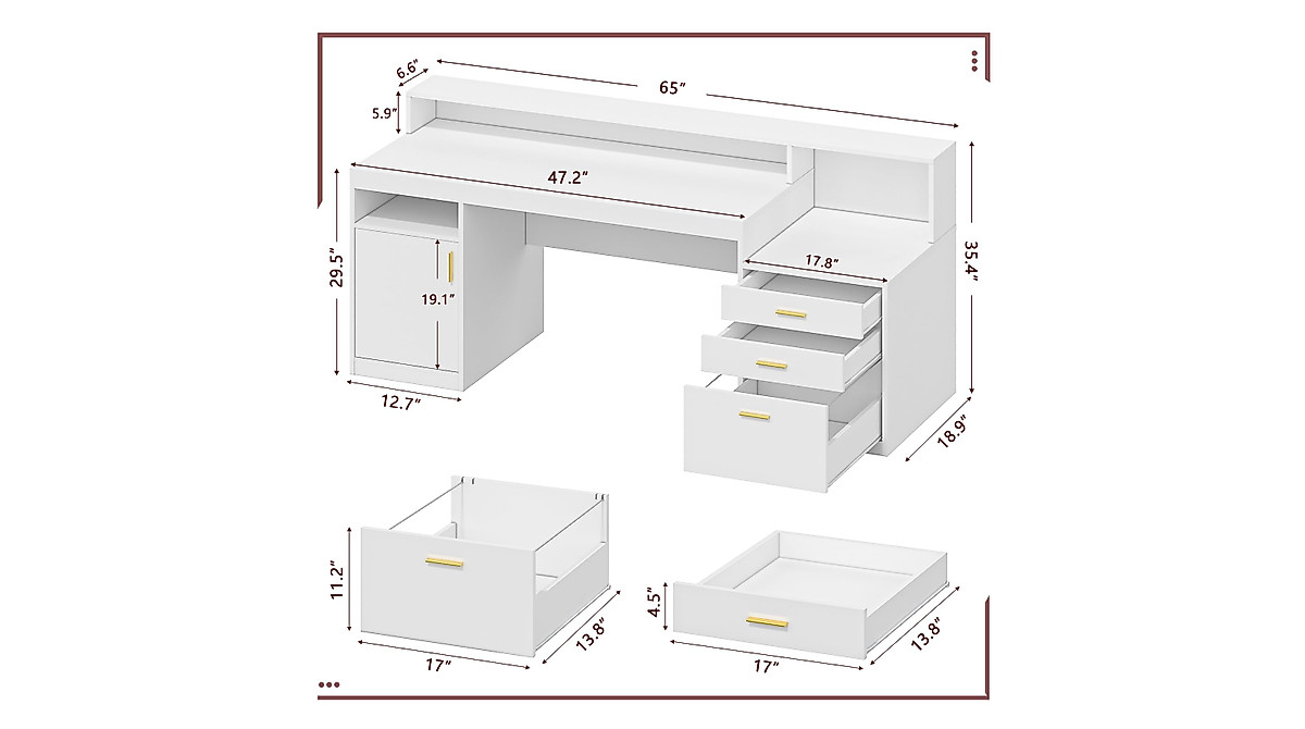 TVU 65-Inch Computer Desk with Storage Shelves & File Cabinet